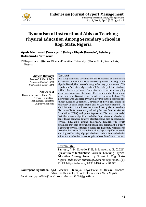 (PDF) Dynamism of Instructional Aids on Teaching Physical Education ...