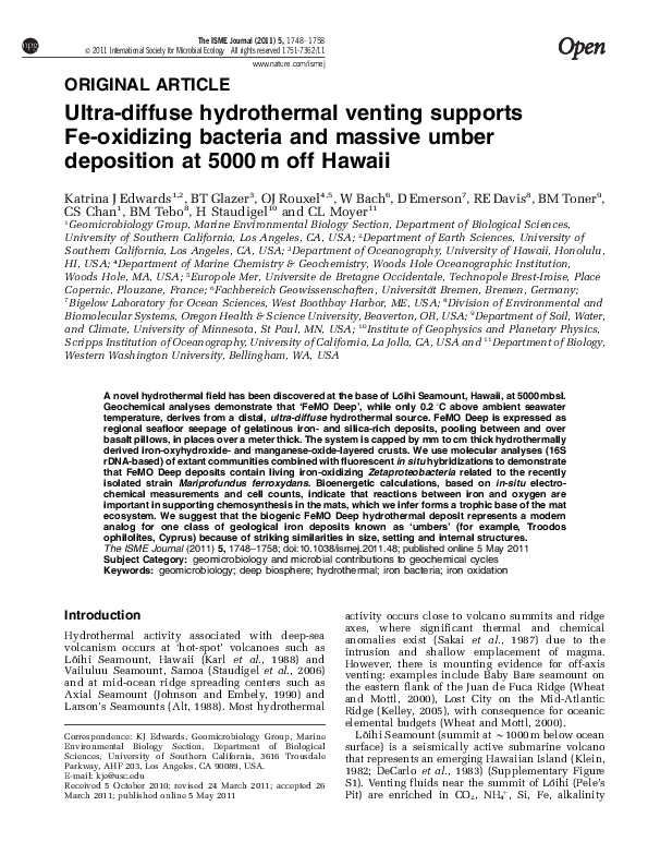 (PDF) Ultra-diffuse hydrothermal venting supports Fe-oxidizing bacteria ...