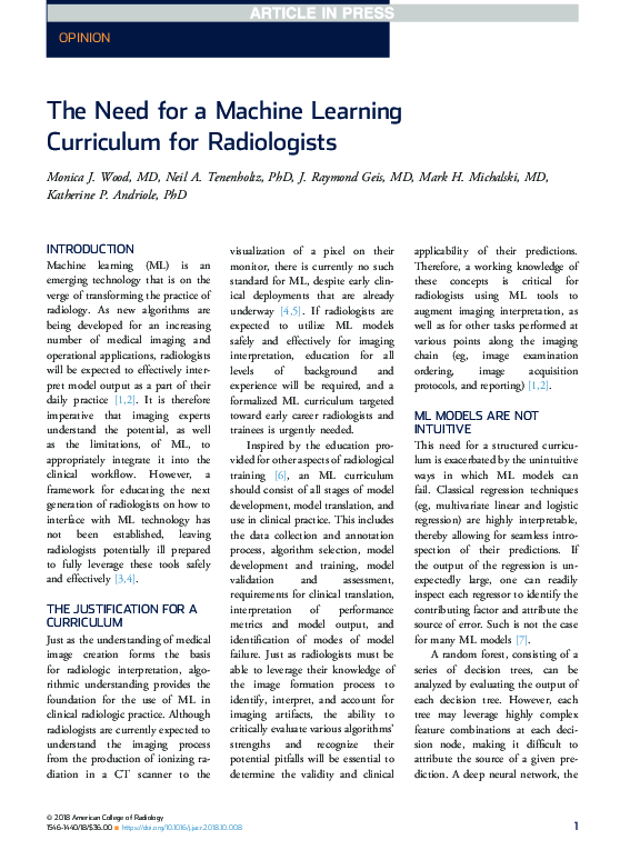 (PDF) The Need for a Machine Learning Curriculum for Radiologists