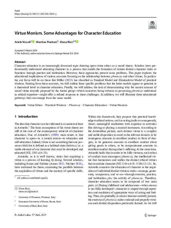 (PDF) Virtue Monism. Some Advantages for Character Education
