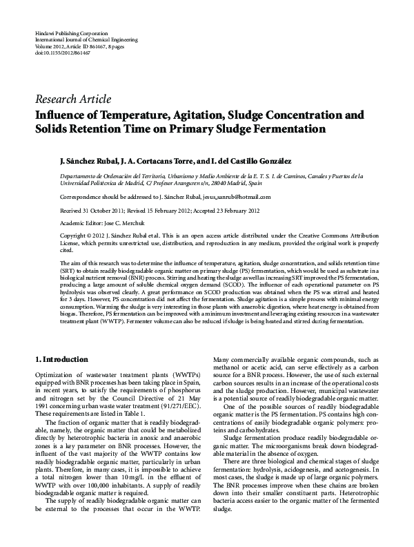 (PDF) Influence of Temperature, Agitation, Sludge Concentration and ...