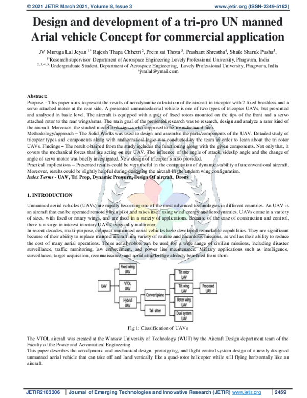 (PDF) Design and development of a tri-pro UN manned Arial vehicle Concept for commercial application