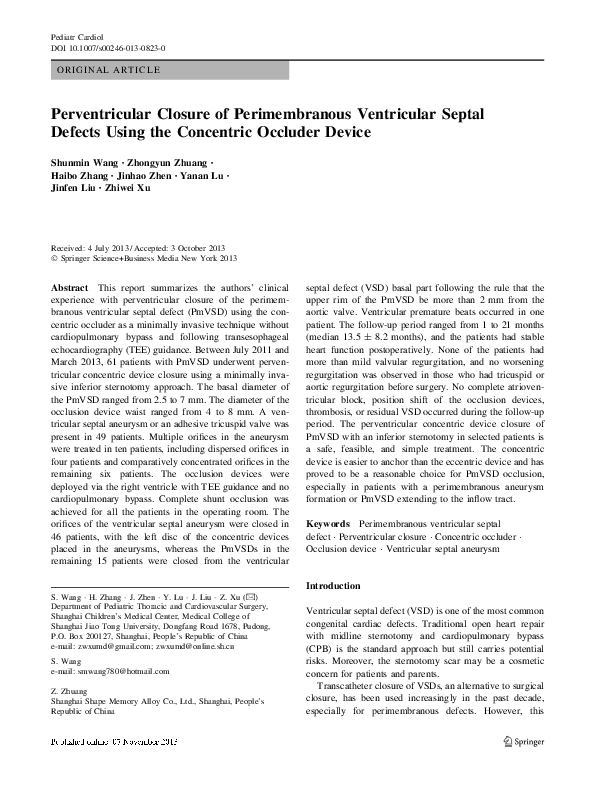 (PDF) Perventricular Closure of Perimembranous Ventricular Septal ...