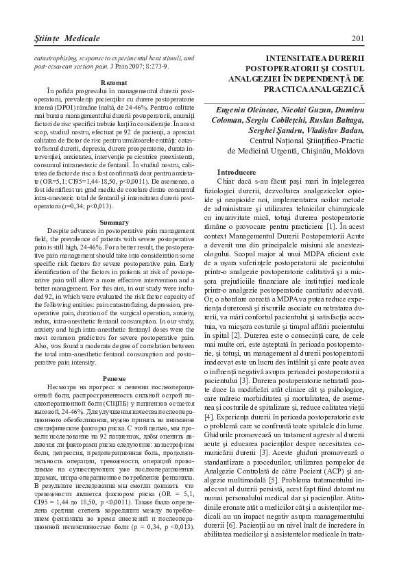 (PDF) Intensitatea durerii postoperatorii şi costul analgeziei în dependenţă de practica analgezică