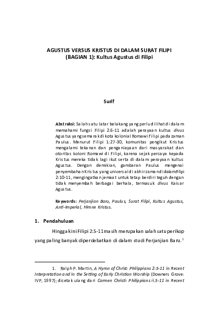 (PDF) Agustus Versus Kristus DI Dalam Surat Filipi (Bagian 1)