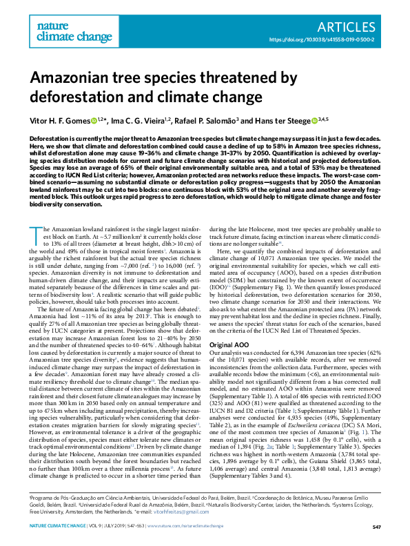 (PDF) Amazonian tree species threatened by deforestation and climate change