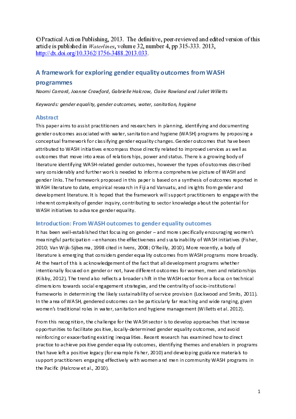 (PDF) A framework for exploring gender equality outcomes from WASH ...