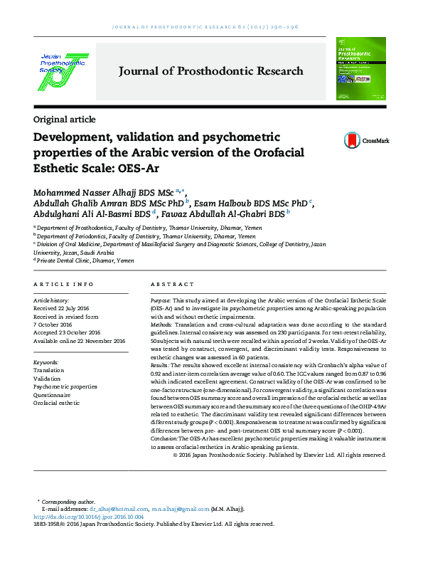 (PDF) Development, validation and psychometric properties of the Arabic version of the Orofacial ...
