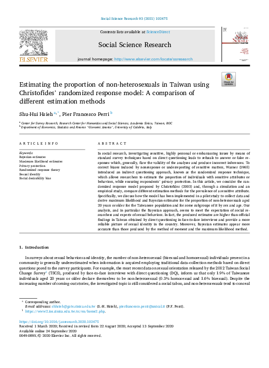 (PDF) Estimating the proportion of non-heterosexuals in Taiwan using Christofides’ randomized ...