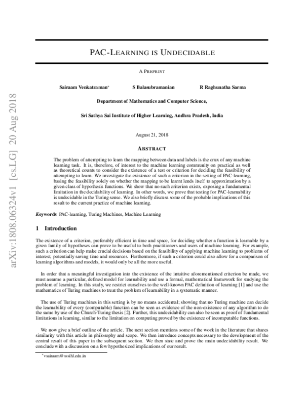 (PDF) PAC-learning is Undecidable