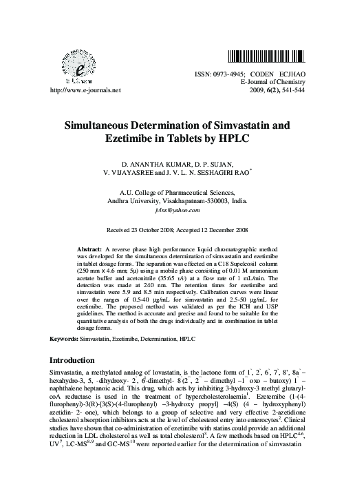 (PDF) Simultaneous Determination of Simvastatin and Ezetimibe in Tablets by HPLC