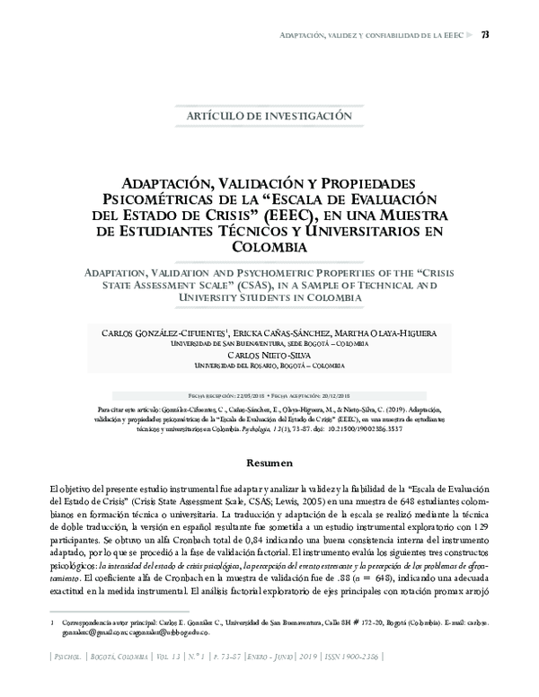 (PDF) Adaptación, validación y propiedades psicométricas de la “Escala de Evaluación del Estado ...