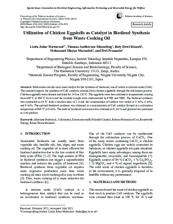 (PDF) Utilization of Chicken Eggshells as Catalyst in Biodiesel ...