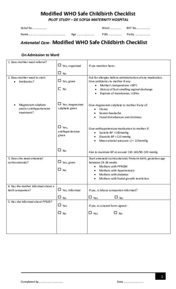 (PDF) Modified version of WHO Safe Childbirth Checklist