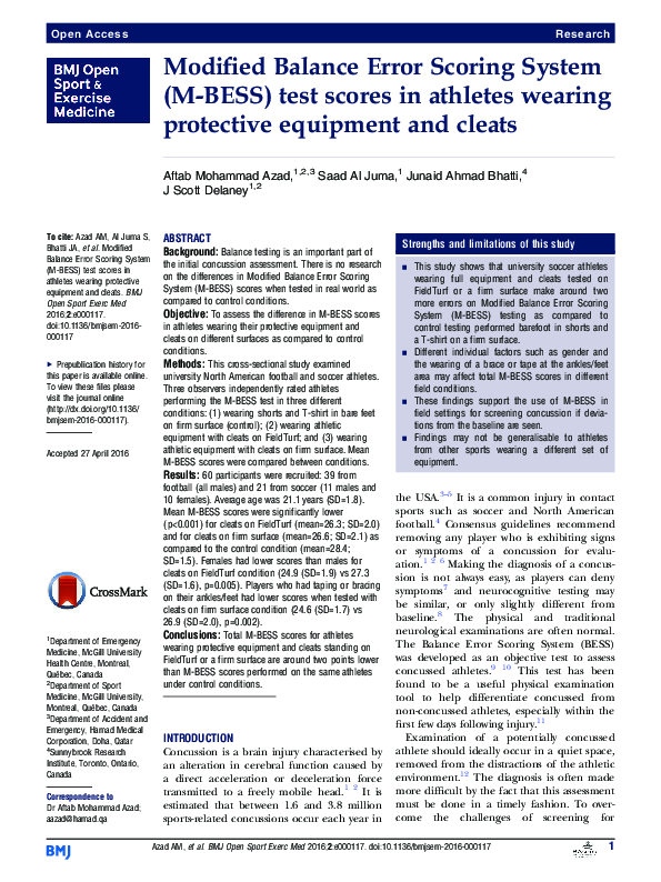 (PDF) Modified Balance Error Scoring System (M-BESS) test scores in ...