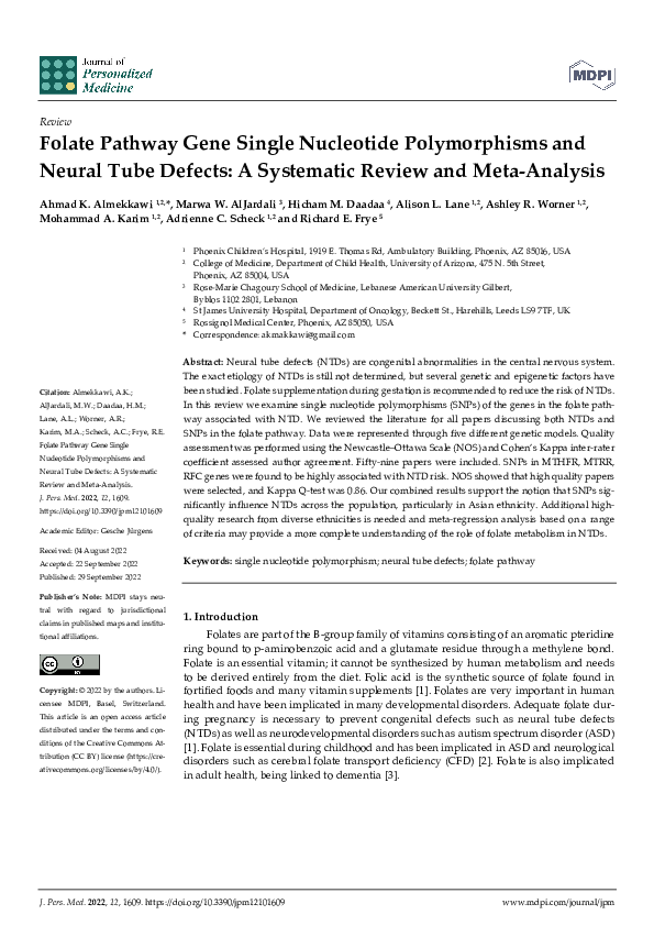 (PDF) Folate Pathway Gene Single Nucleotide Polymorphisms and Neural ...