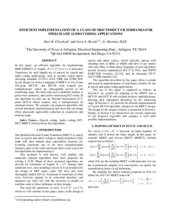 (PDF) Efficient implementation of a class of MDCT/IMDCT filterbanks for speech and audio coding ...