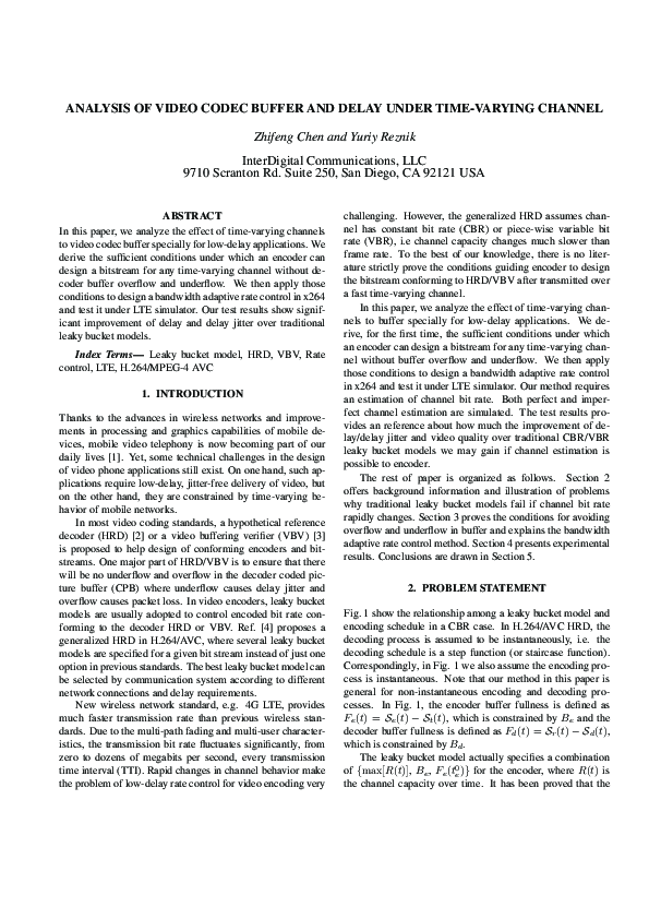 (PDF) Analysis of video codec buffer and delay under time-varying channel | Yuriy Reznik ...
