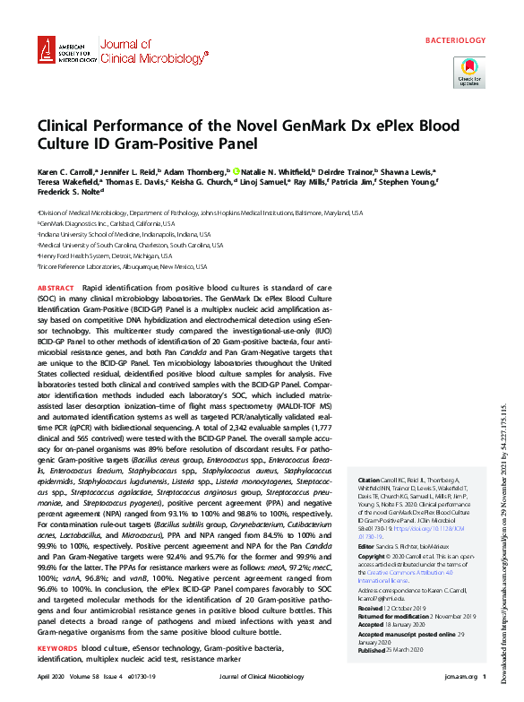 (PDF) Clinical Performance of the Novel GenMark Dx ePlex Blood Culture ...