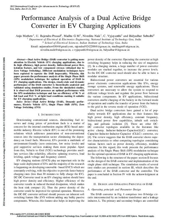Pdf Performance Analysis Of A Dual Active Bridge Converter In Ev Charging Applications