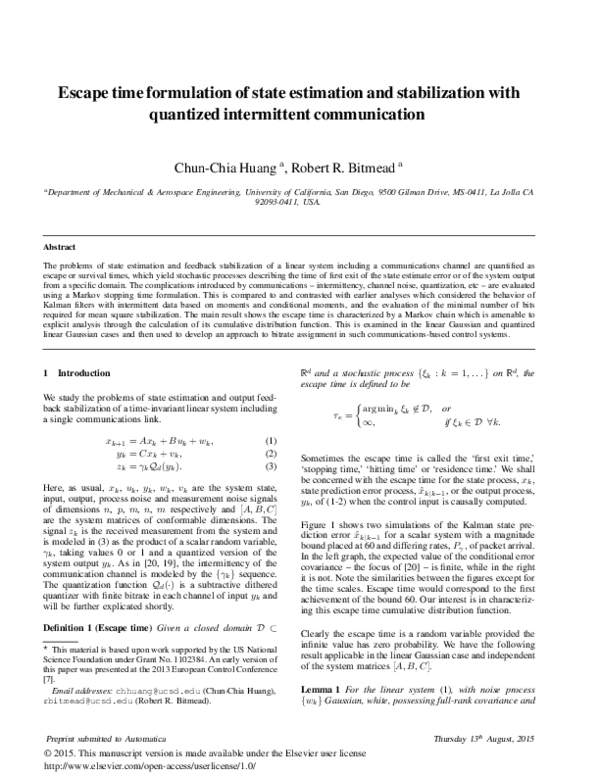(PDF) Escape time formulation of state estimation and stabilization with quantized intermittent ...