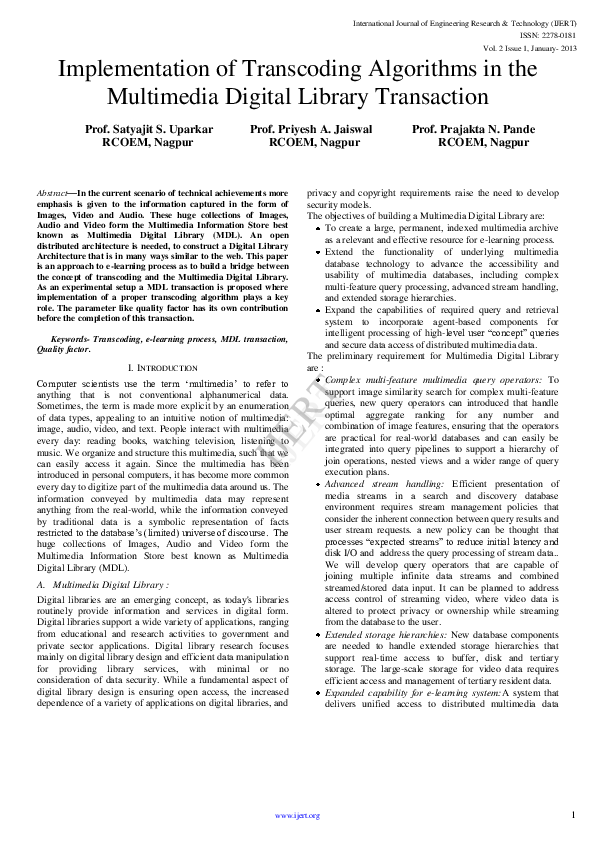 Pdf Implementation Of Transcoding Algorithms In The Multimedia