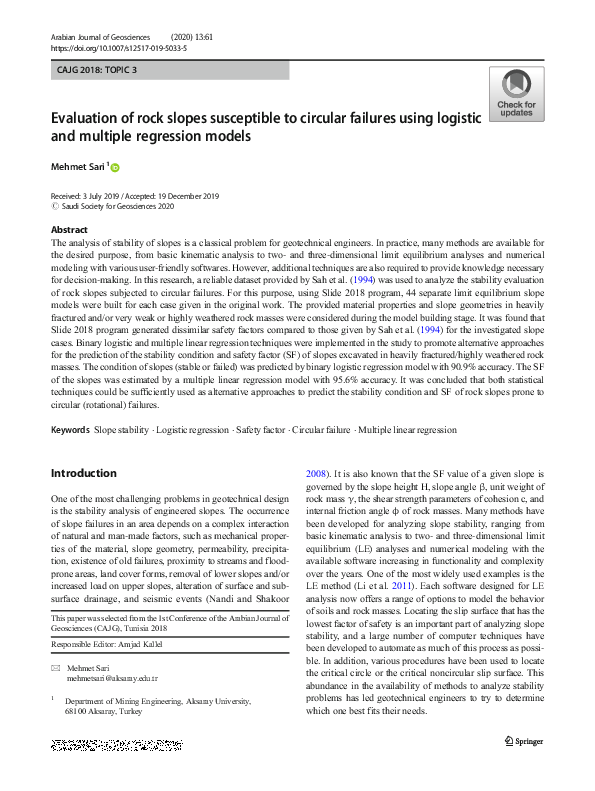 (PDF) Evaluation of rock slopes susceptible to circular failures using logistic and multiple ...