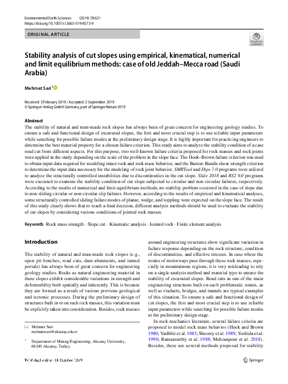 (PDF) Stability analysis of cut slopes using empirical, kinematical, numerical and limit ...