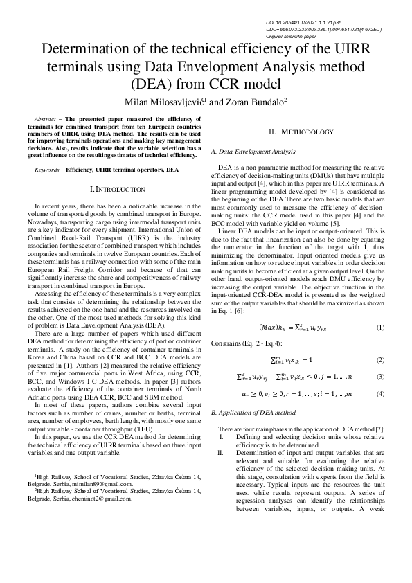 (PDF) Determination of the technical efficiency of the UIRR terminals using Data Envelopment ...