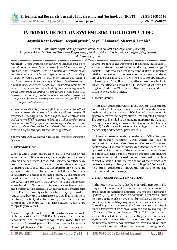 (PDF) Intrusion Detection System Using Cloud Computing