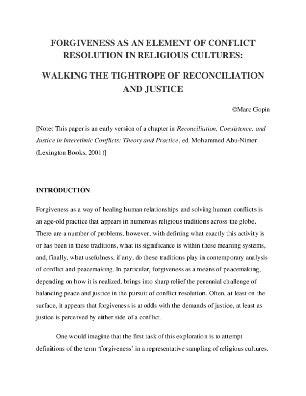(PDF) Forgiveness as an Element of Conflict Resolution in Religious ...