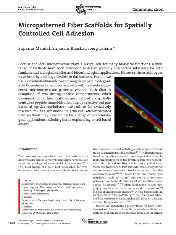 (PDF) Micropatterned Fiber Scaffolds for Spatially Controlled Cell Adhesion