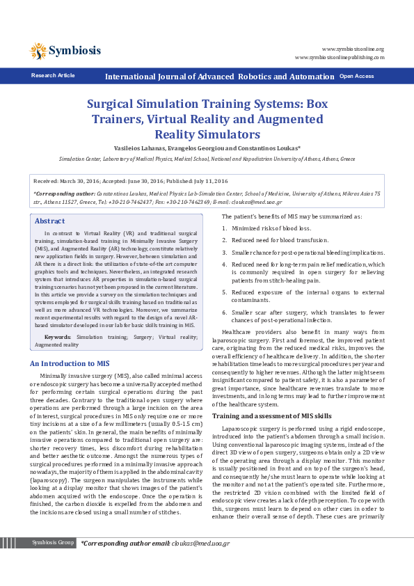 (PDF) Surgical Simulation Training Systems: Box Trainers, Virtual Reality and Augmented Reality ...