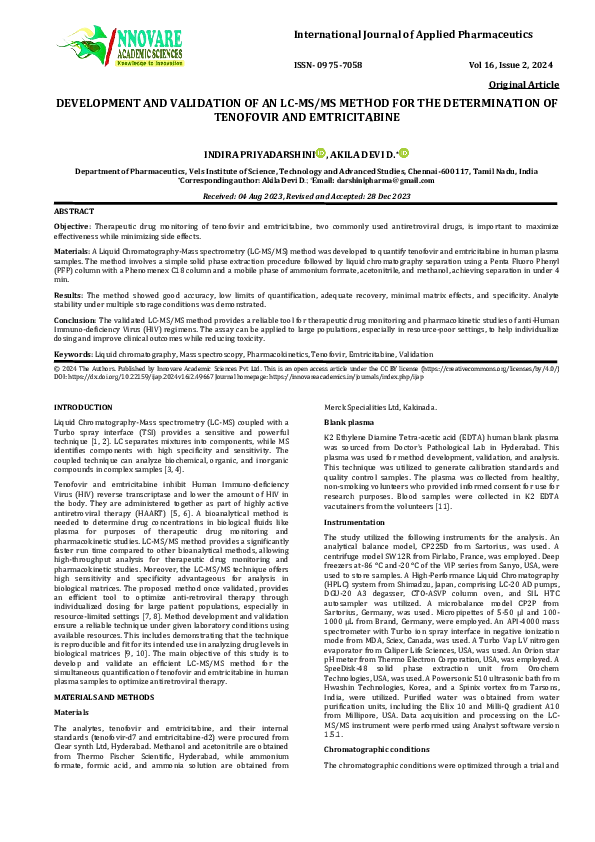 Pdf Development And Validation Of An Lc Ms Ms Method For The Determination Of Tenofovir And