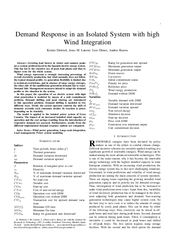 (PDF) Demand Response in an Isolated System With High Wind Integration