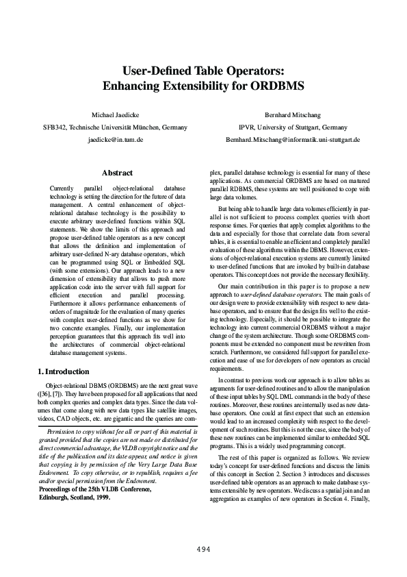 (PDF) User-Defined Table Operators: Enhancing Extensibility for ORDBMS