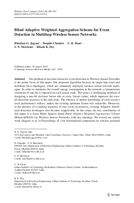 (PDF) Blind Adaptive Weighted Aggregation Scheme for Event Detection in Multihop Wireless Sensor ...