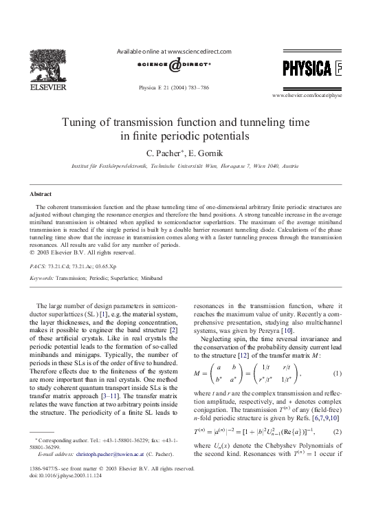 (PDF) Tuning of transmission function and tunneling time in finite periodic potentials