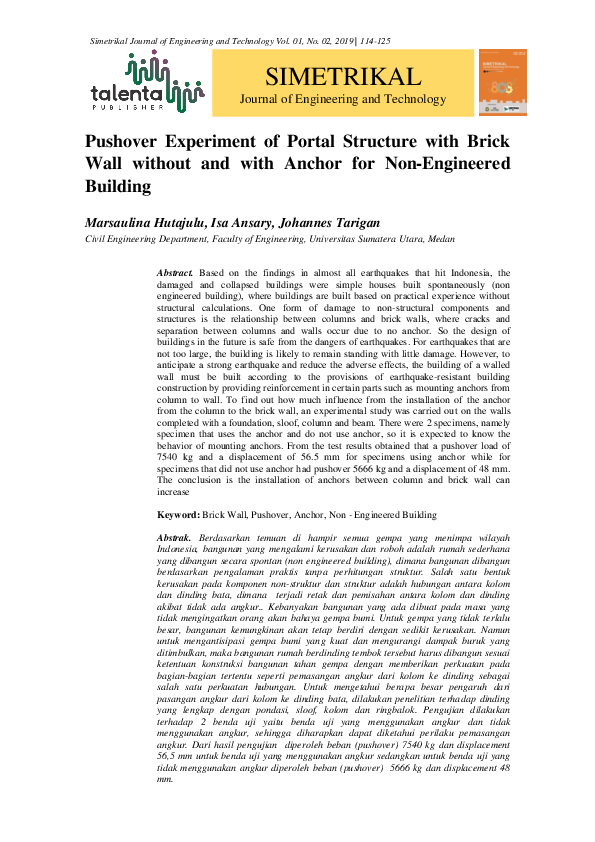 (PDF) Pushover Experiment of Portal Structure with Brick Wall without ...