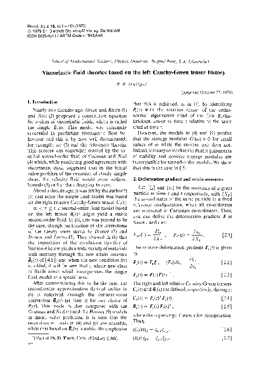 (PDF) Viscoelastic fluid theories based on the left Cauchy-Green tensor history