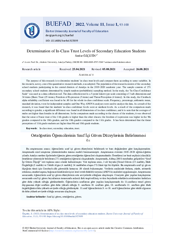 (PDF) Determination of In-Class Trust Levels of Secondary Education ...