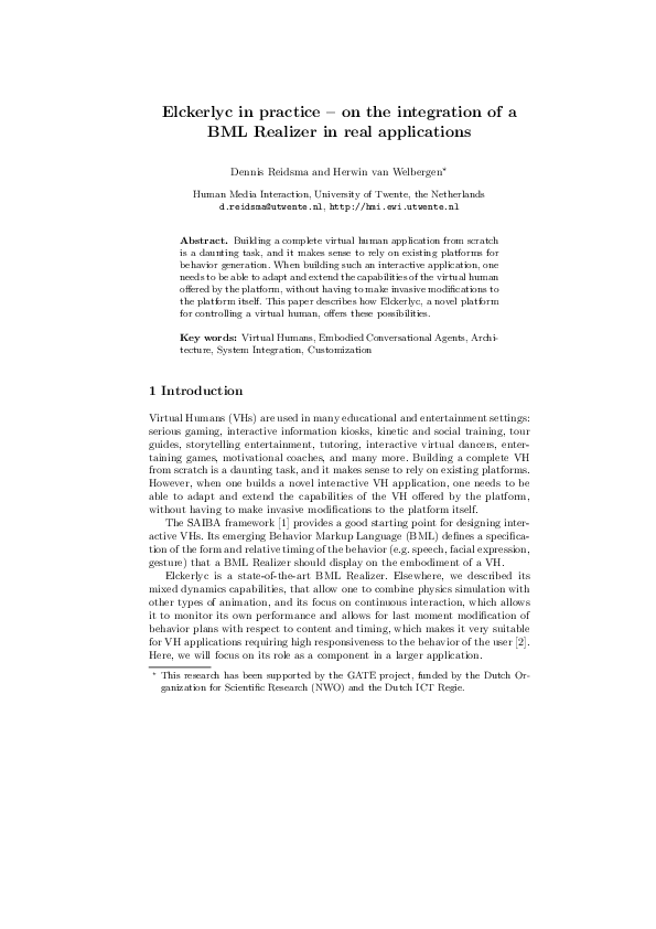 (PDF) Elckerlyc in Practice – On the Integration of a BML Realizer in ...