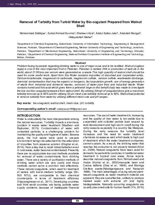 (PDF) Removal of Turbidty from Turbid Water by Bio-cogulant Prepared from Walnut Shell