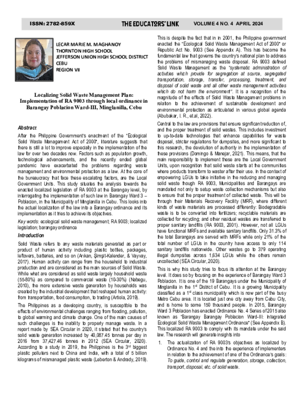 (PDF) Localizing Solid Waste Management Plan: Implementation of RA 9003 ...
