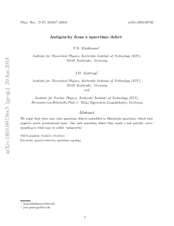 (PDF) Antigravity from a spacetime defect