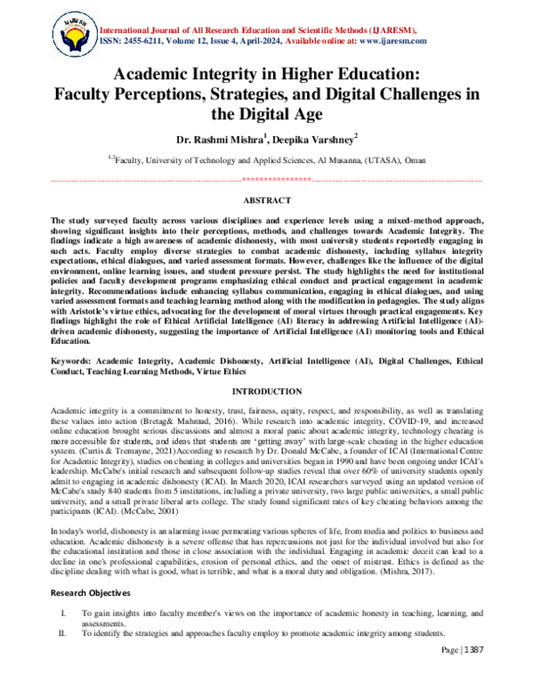 Pdf Academic Integrity In Higher Education Faculty Perceptions