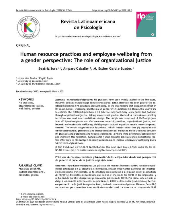 (PDF) Human resource practices and employee wellbeing from a gender perspective: The role of ...