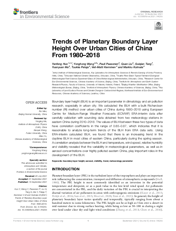 (PDF) Trends of Planetary Boundary Layer Height Over Urban Cities of ...