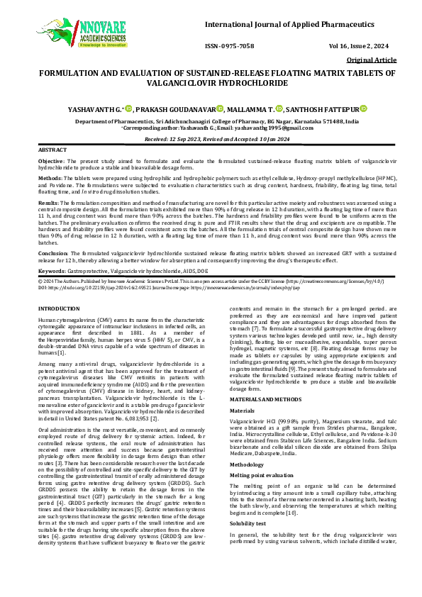 Pdf Formulation And Evaluation Of Sustained Release Floating Matrix Tablets Of Valganciclovir