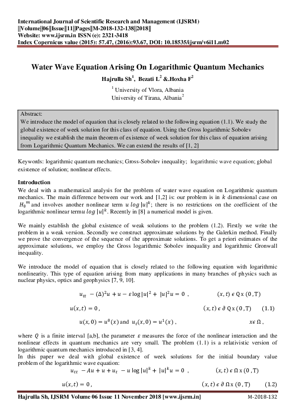 (PDF) Water Wave Equation Arising On Logarithmic Quantum Mechanics